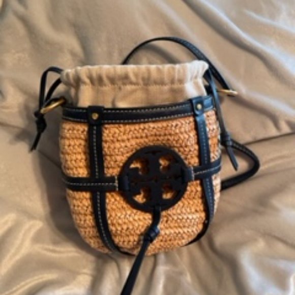 Tory Burch | Bags | New Tory Burch Miller Logo Straw Bucket Bag With ...